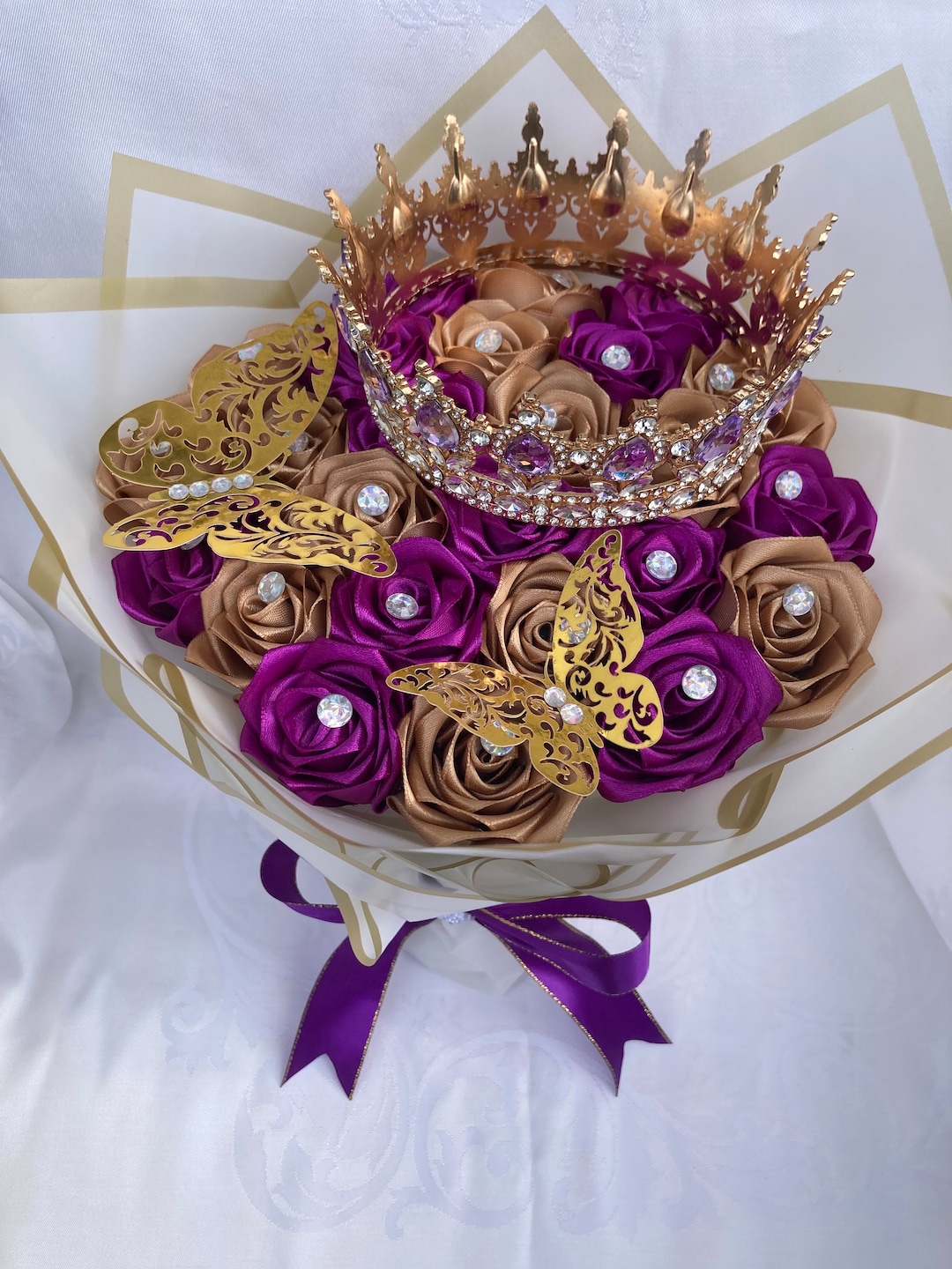 Bling Eternal Rose Bouquet, Mother’s Day Ribbon Rose Bouquet, Handmade Fake Flower Bouquet ...