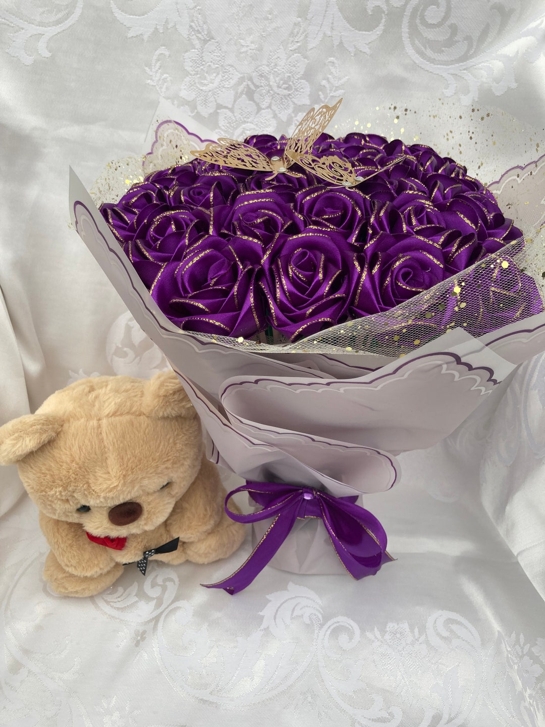 Purple Glitter Eternal Rose Bouquet, Handmade Fake Flowers Bouquet ...