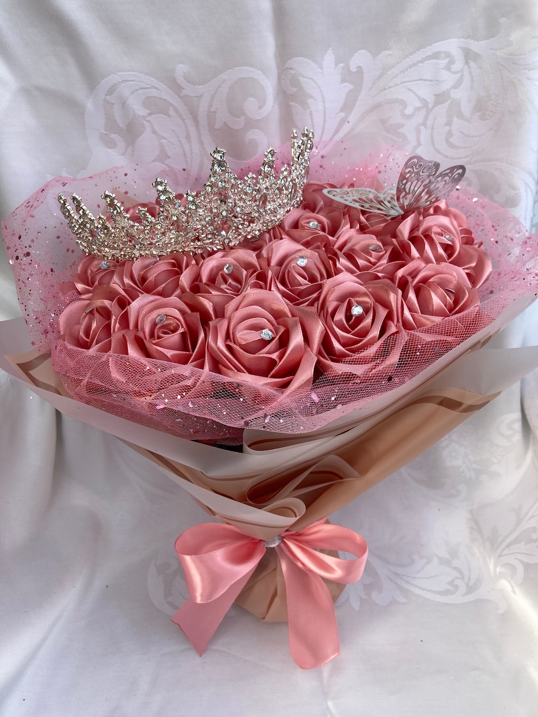 Bling Eternal Rose Bouquet, Ribbon Rose Bouquet, Handmade Fake Flower Bouquet, Rose Bouquet ...