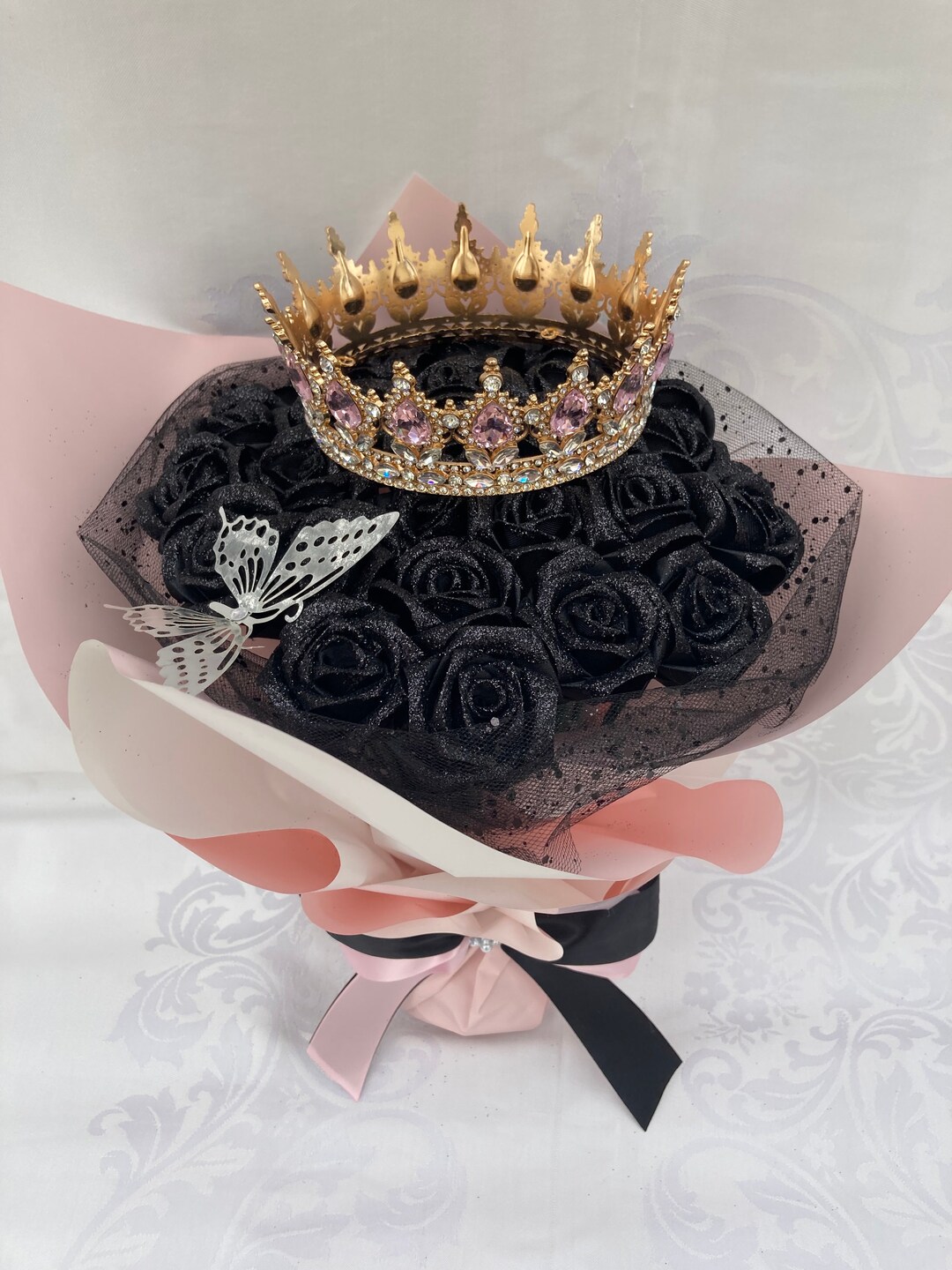 Black Glitter Ramo Buchon, Eternal Rose Bouquet, Handmade Fake Flowers ...