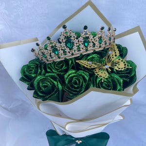 Green Glitter Ramo Buchon, Eternal Rose Bouquet, Handmade Fake Flowers ...