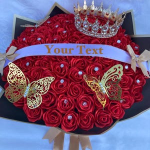 100 Rose Eternal Rose Bouquet W/ Crown, Queen Bouquet, Ramo Buchon, Birthday Bouquet, Engagement ...