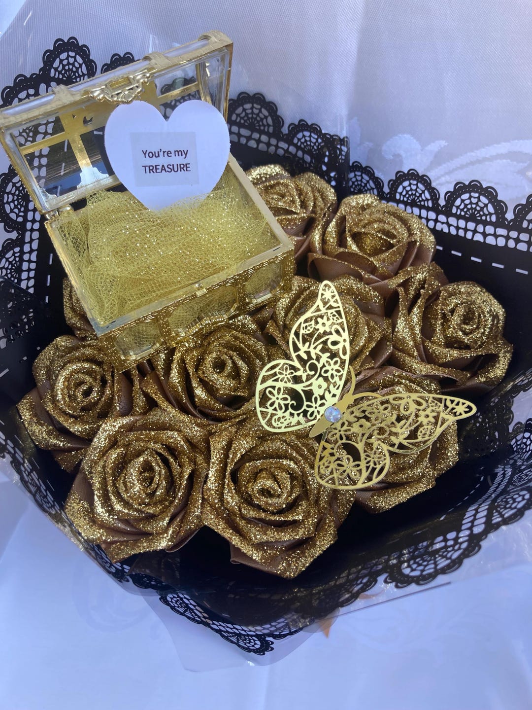 Treasure Chest Glitter Ramo Buchon, Eternal Rose Bouquet, Handmade Fake ...
