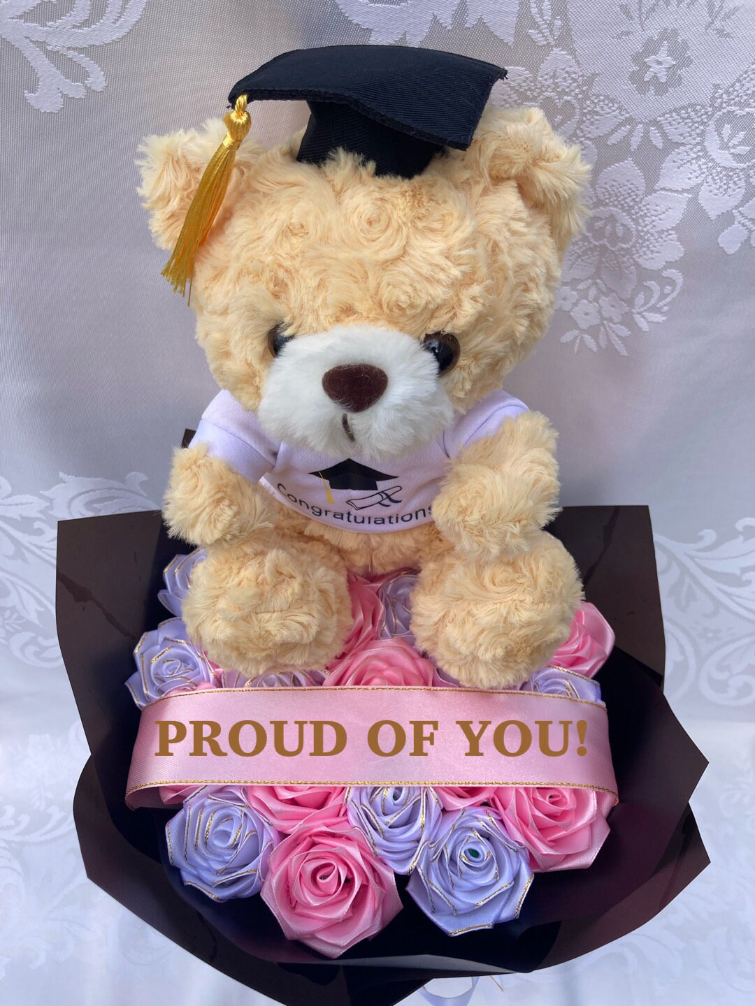 Graduation Ramo Buchon With Teddy Bear, Eternal Rose Bouquet, Handmade ...
