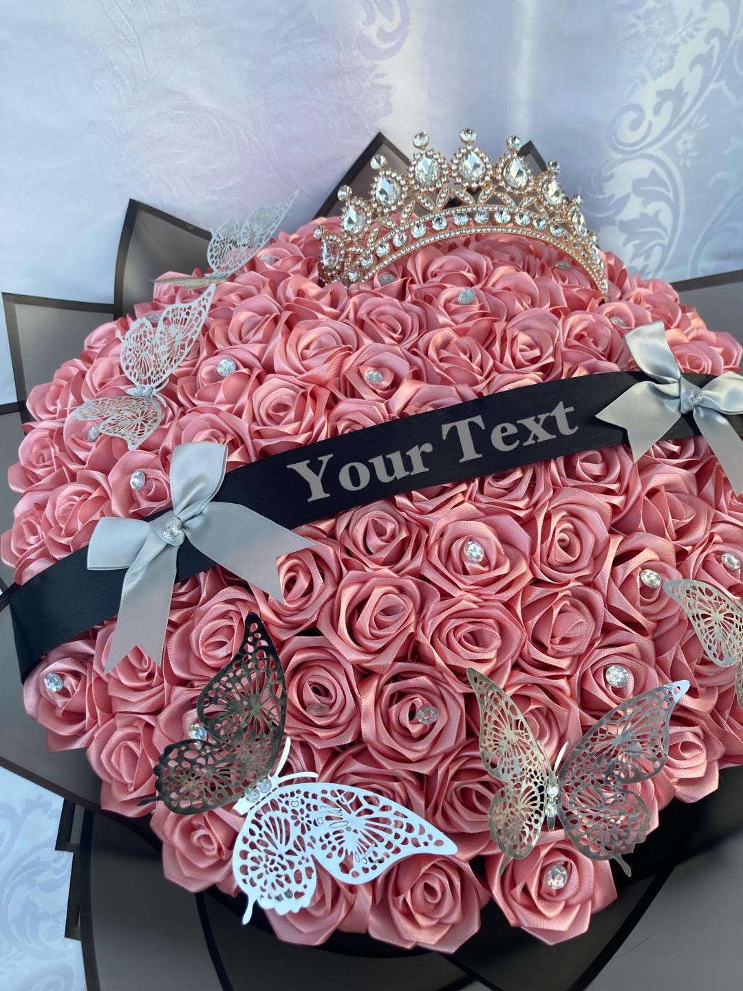 Custom Ramo Buchon, Pink Rose Gold Valentine Queen Bouquet, Eternal Rose Bouquet, 100 Rose ...