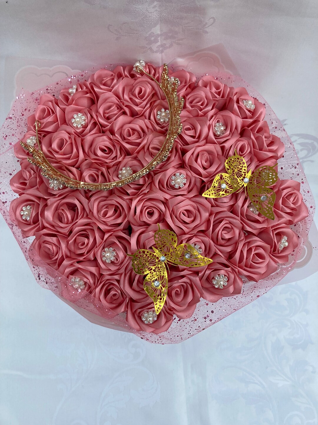 Ramo Buchon W/ Tiara, Bling Eternal Rose Bouquet, Handmade Fake Flower Bouquet, Ever Lasting ...