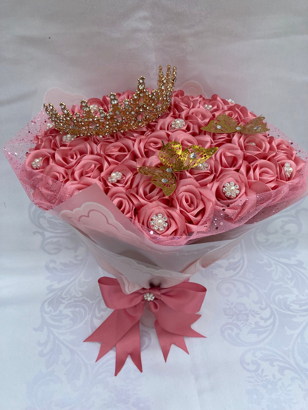 Valentines Day Ramo Buchon, Rose Gold Eternal Bouquet, Handmade Fake ...