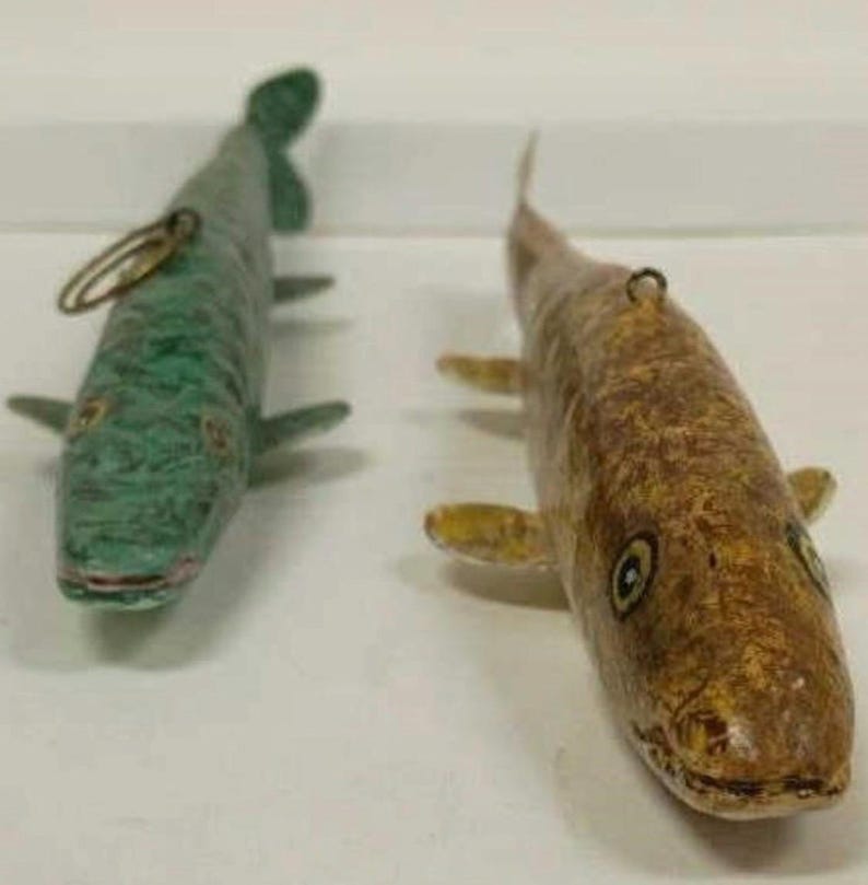 Vintage Hand-carved Wooden Fish Decoys Signed JH | Folk Art Ice Fishing ...