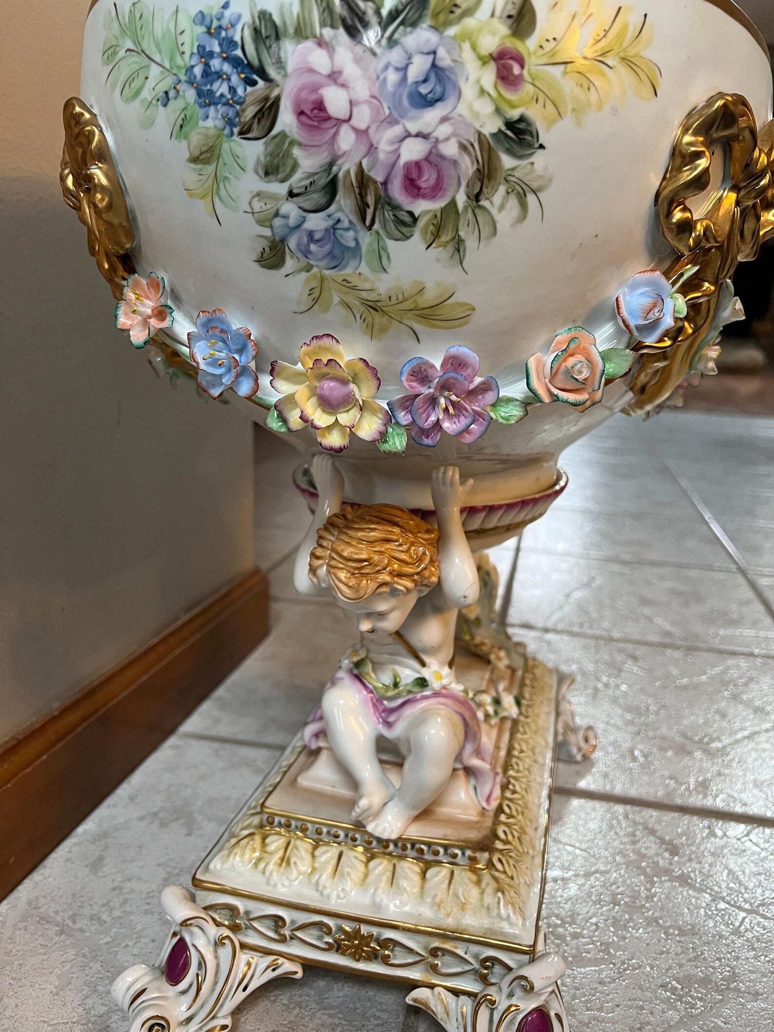 Porcelain Centerpiece Compote: Large Dresden Floral - Vintage Decor - Etsy
