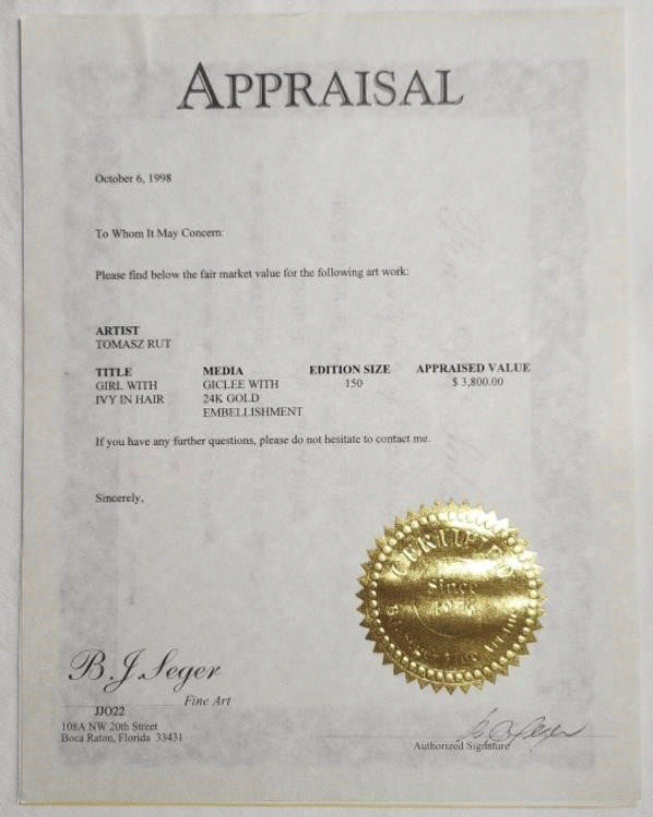 Tomasz Rut, Girl With Ivy in Hair Embellished Giclee, Signed and ...