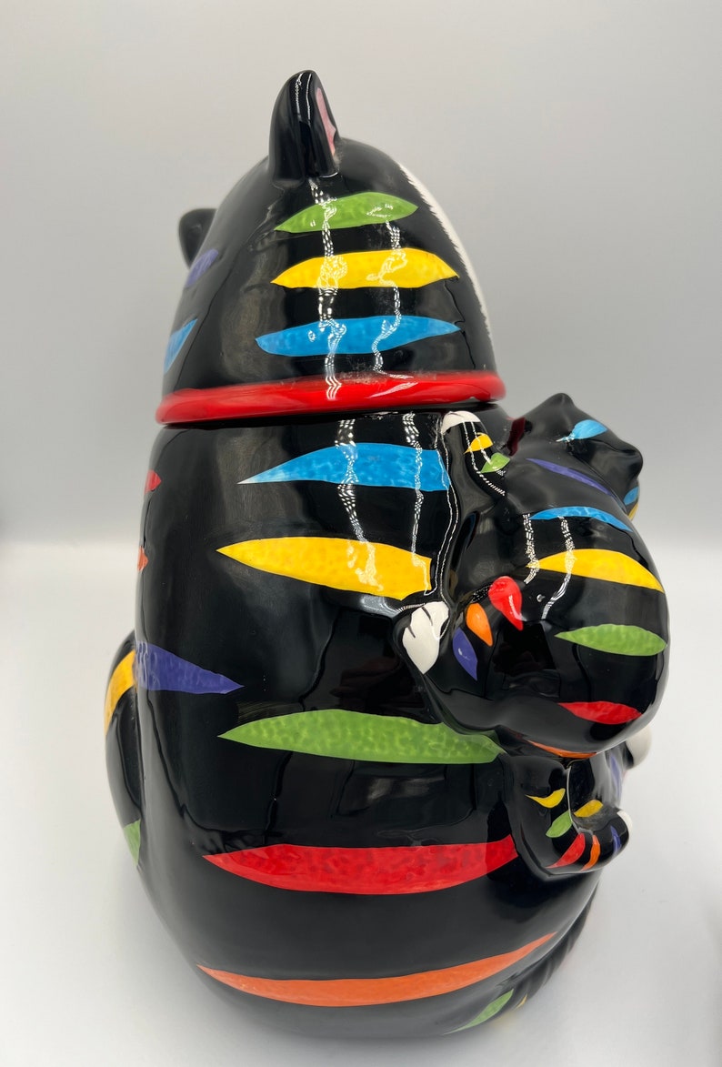 Ckao-tabby Lucky Cat & Kitten Cookie Jar. Rainbow Stripes Black White ...