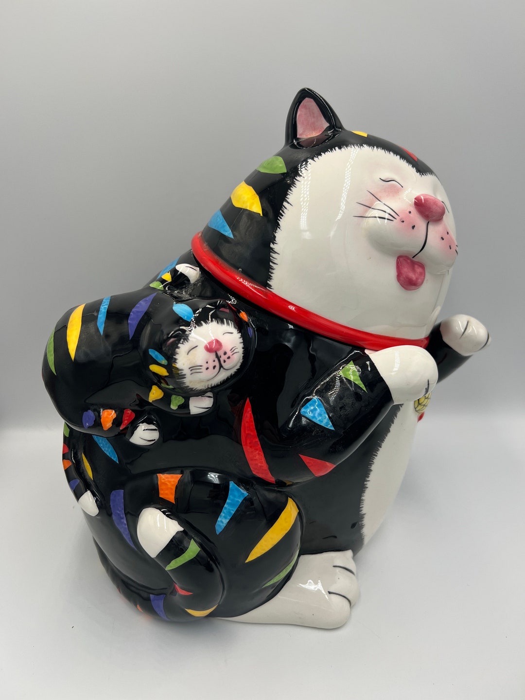Ckao-tabby Lucky Cat & Kitten Cookie Jar. Rainbow Stripes Black White ...