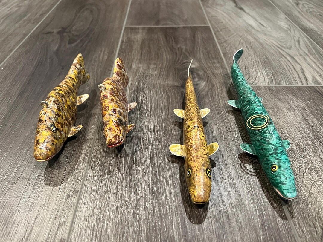 Vintage Hand-carved Wooden Fish Decoys Signed JH | Folk Art Ice Fishing ...