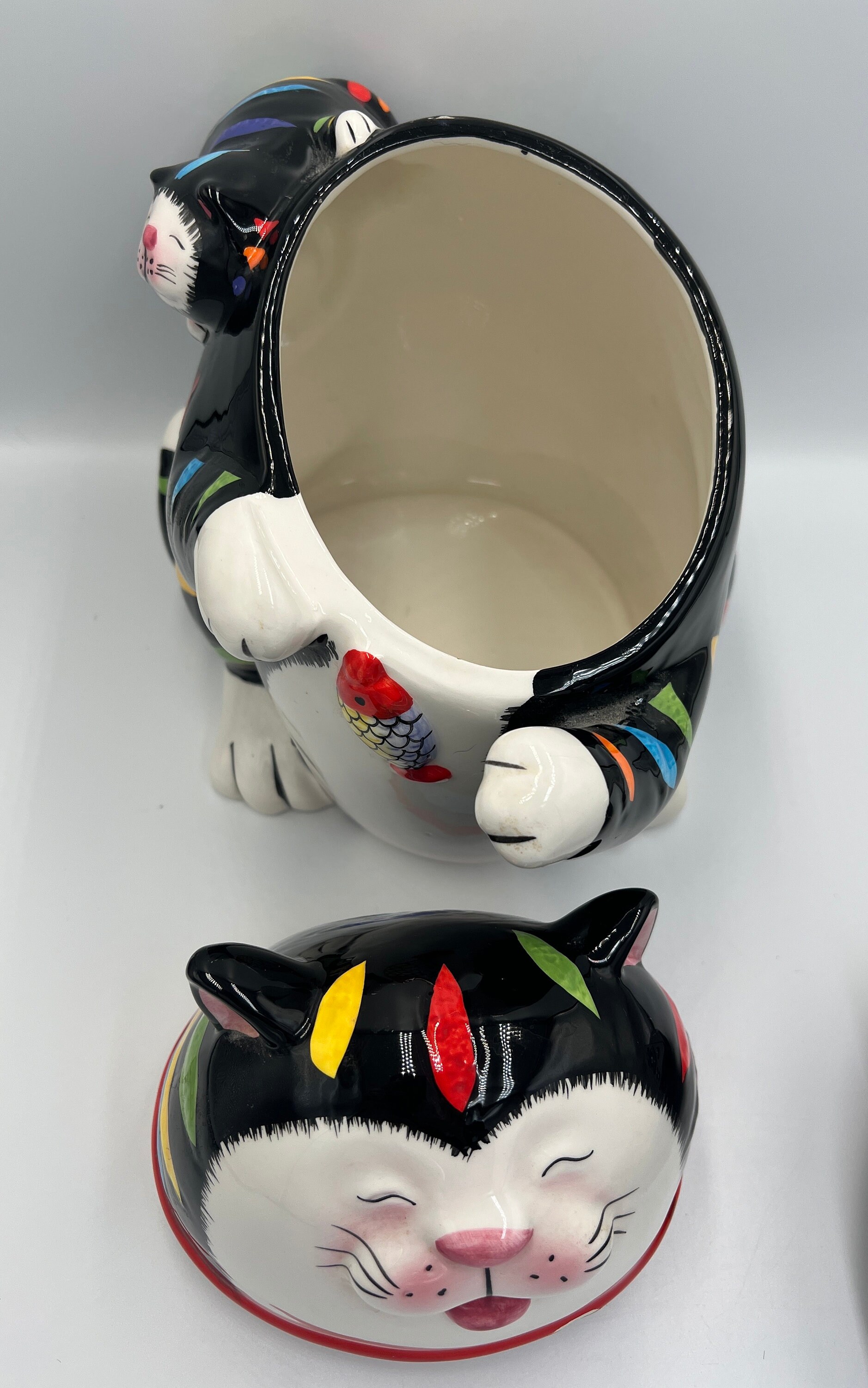 Ckao-tabby Lucky Cat & Kitten Cookie Jar. Rainbow Stripes Black White ...