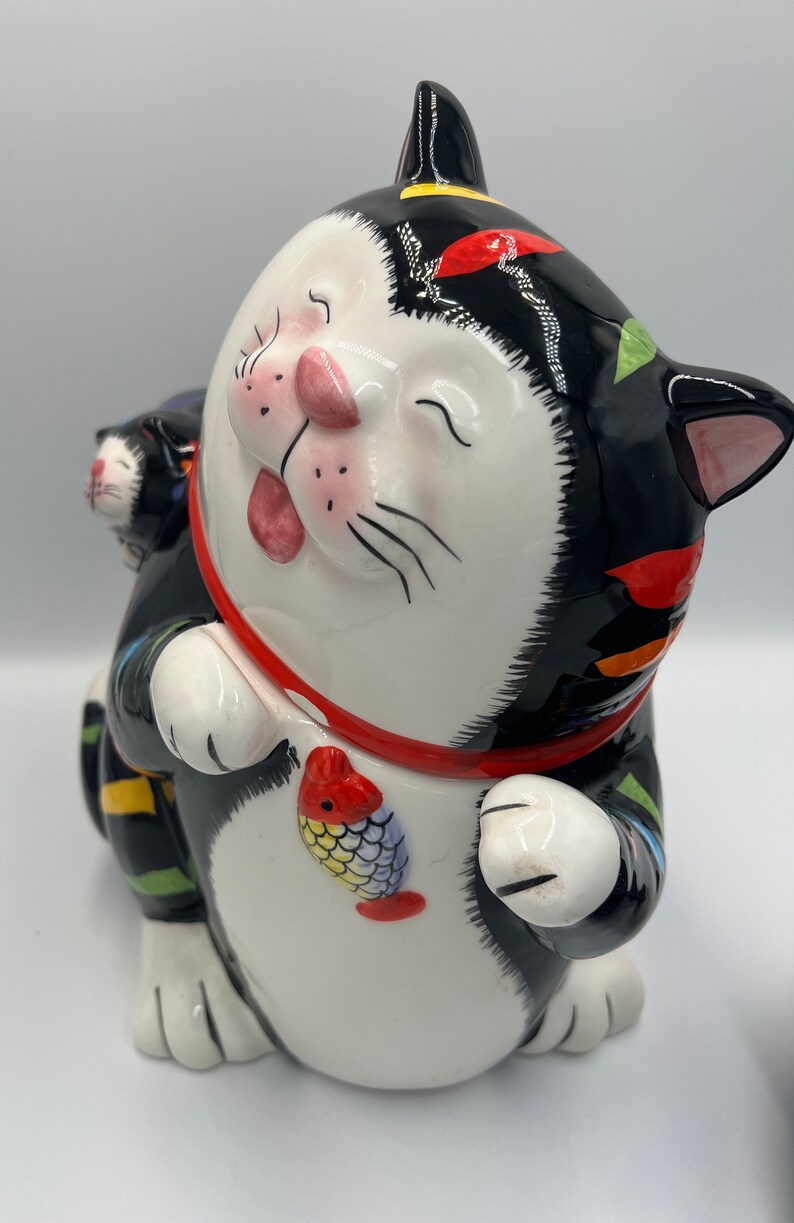 Ckao-tabby Lucky Cat & Kitten Cookie Jar. Rainbow Stripes Black White ...