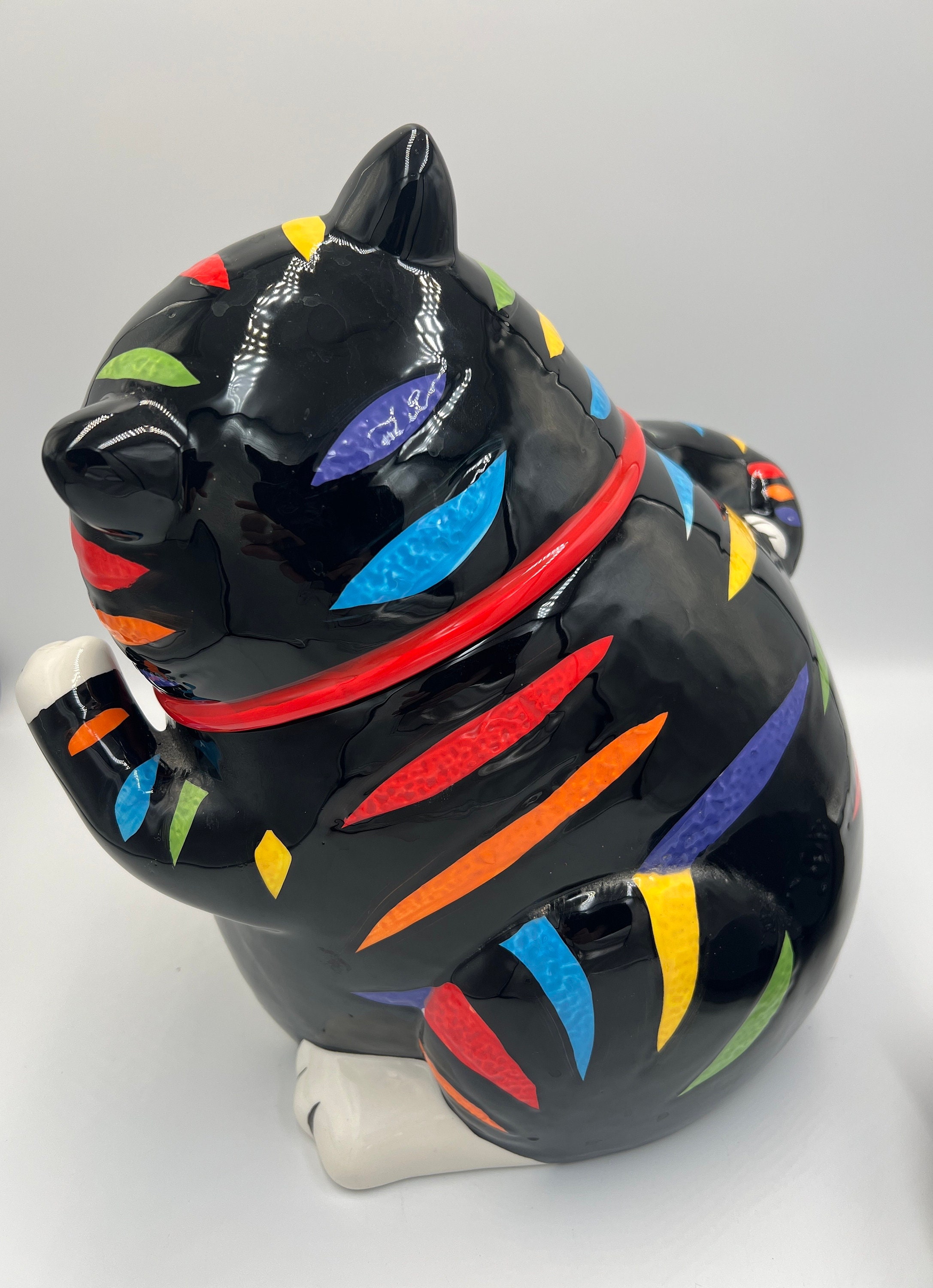 Ckao-tabby Lucky Cat & Kitten Cookie Jar. Rainbow Stripes Black White ...