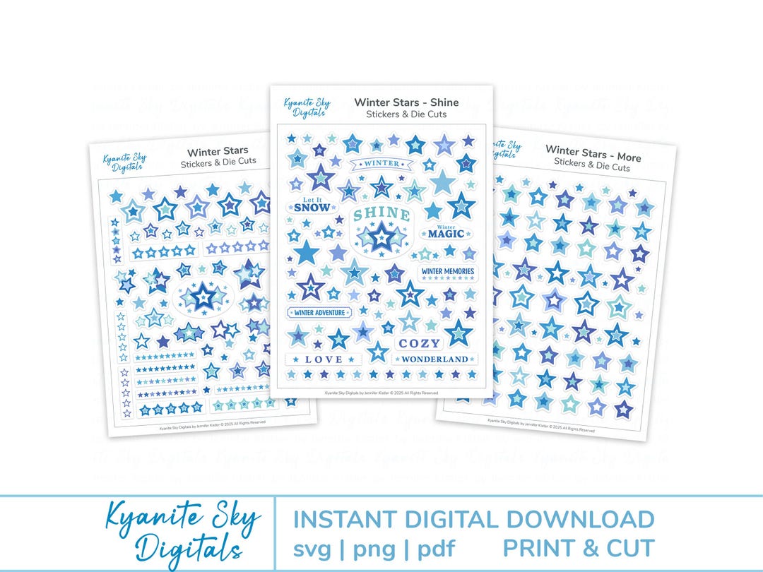 SVG PNG Print and Cut Bundle Winter Stars, Blue Seasonal Digital ...