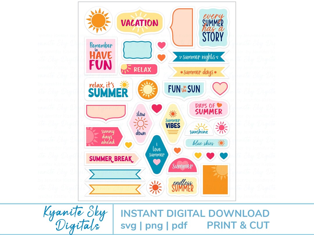 SVG PNG Print Then Cut Summer Sun Digital Stickers Diecuts for Cricut ...