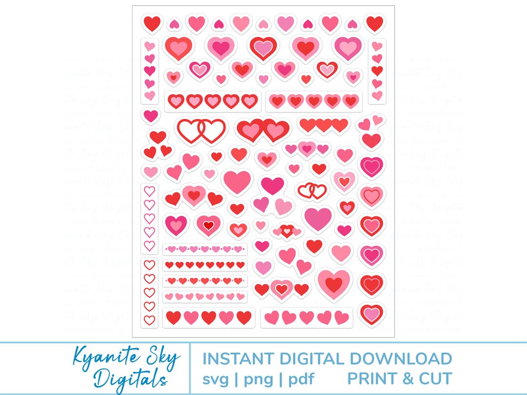 Valentine Print and Cut Heart Sticker Sheet, SVG PNG Files, Digital ...