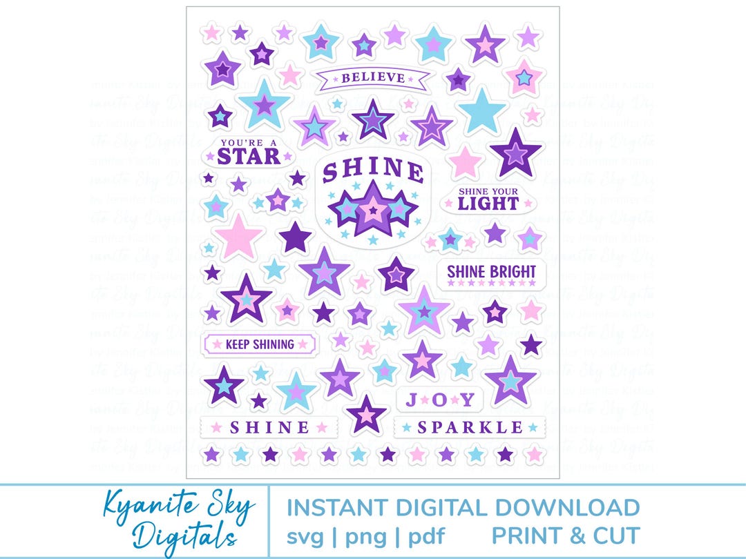 Stars Print and Cut Sticker Sheet, SVG PNG, Purple Inspirational Die ...