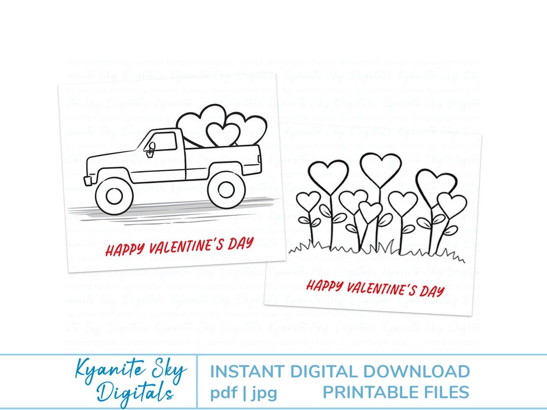 Printable PDF Valentine Cards to Color, Bundle of Trucks and Flowers ...