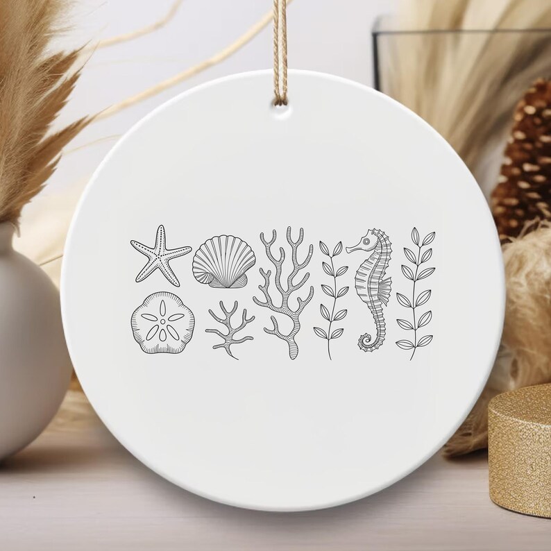 Marine Life Line Art Design Seahorse Coral Starfish Seashell Ocean Life ...