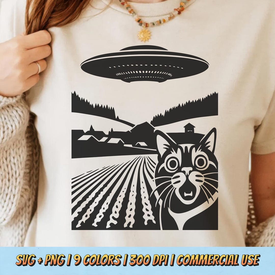 Alien Cat Abduction PNG SVG - Funny Shocked Cat Selfie UFO Spaceship ...