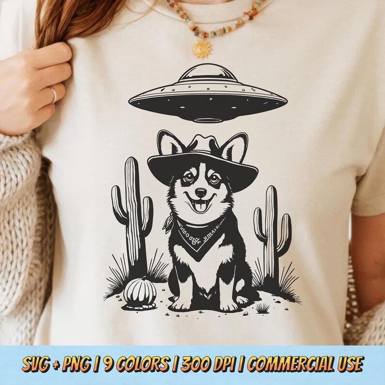 Alien Cowboy Corgi PNG SVG - Retro Space Western Dog Abduction UFO Cute ...
