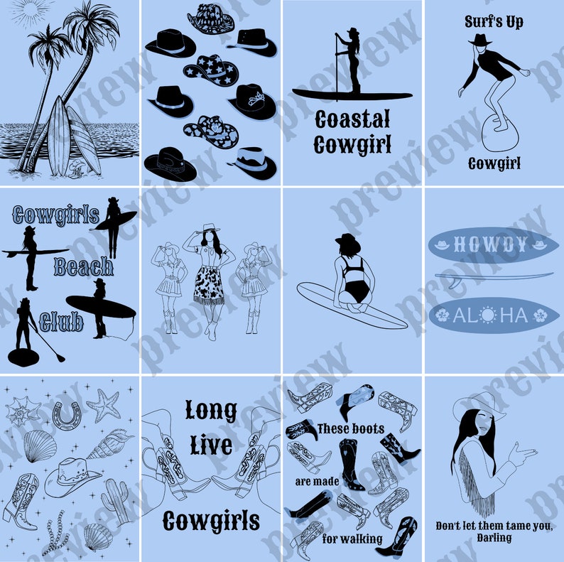 Coastal Cowgirl Digital Posters | Decor Blue Set of 12 | Western Charm ...