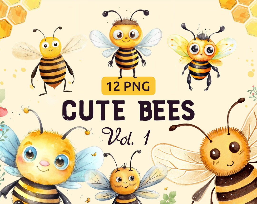 Cute Bees Watercolor Clipart Pack Vol 1, Honey Bee Clipart Png, Baby ...