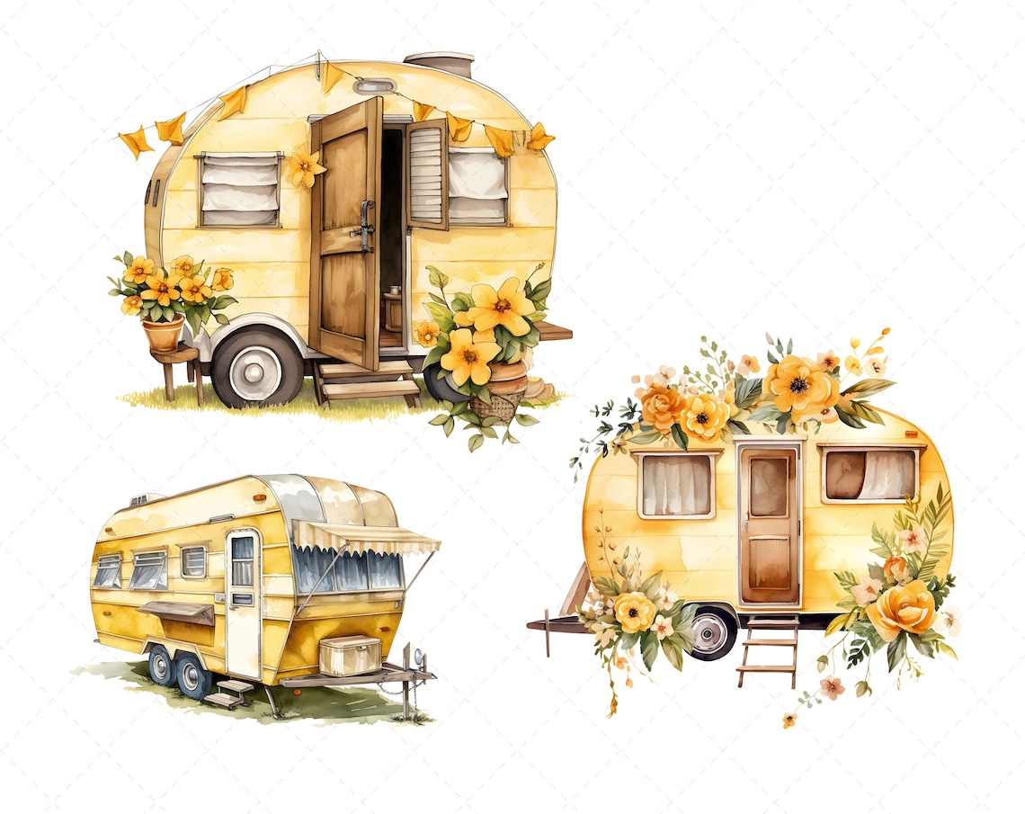 Yellow Campers Vintage Clipart Bundle, Retro Sunflowers Camping Trailer ...
