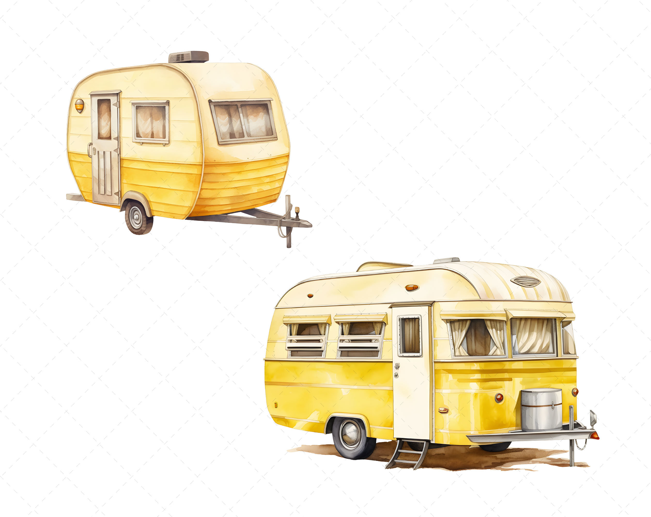 Yellow Campers Vintage Clipart Bundle, Retro Sunflowers Camping Trailer ...