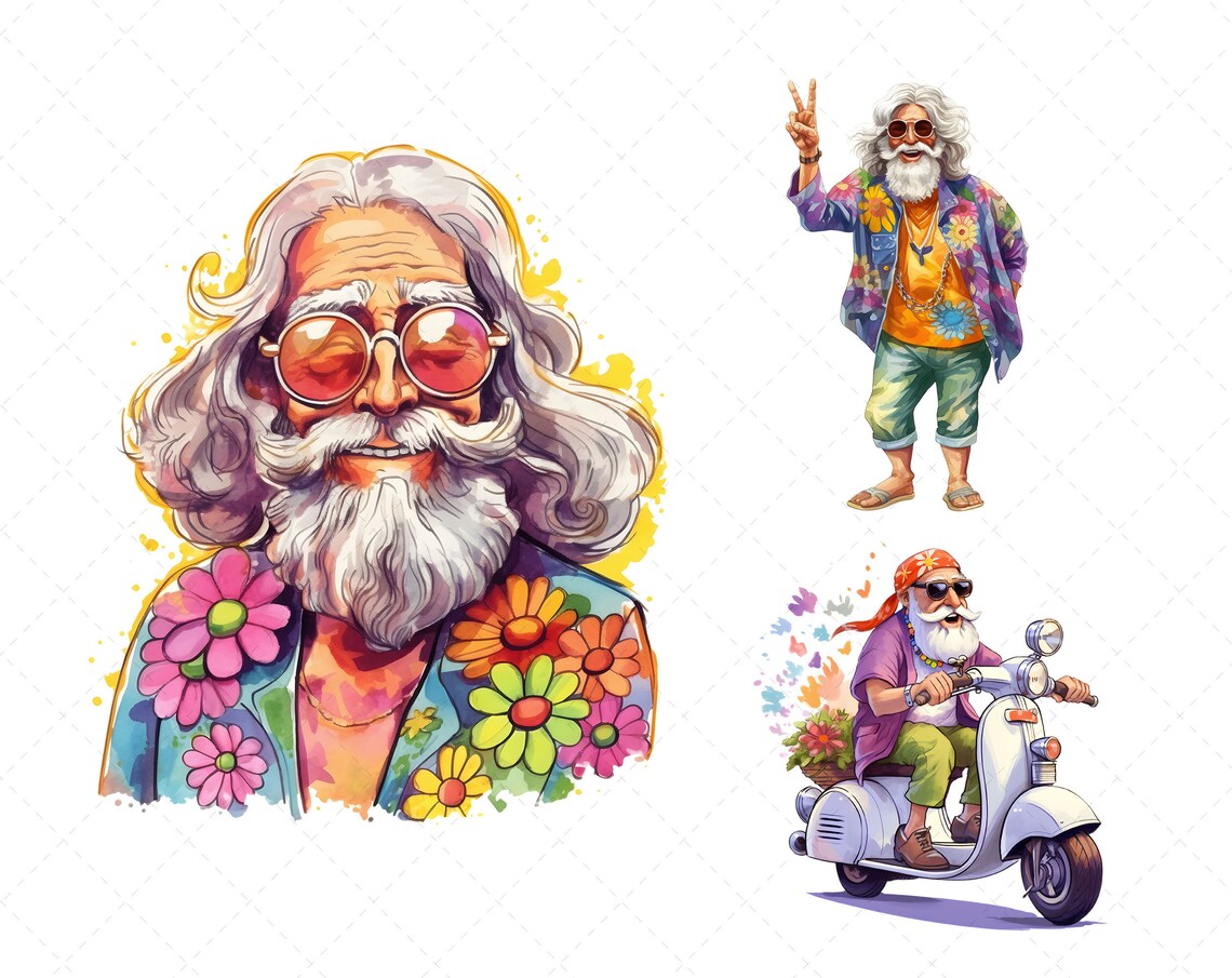 Hippie Grandpa Clipart PNG, Funny Grandfather Watercolor Art Clipart ...
