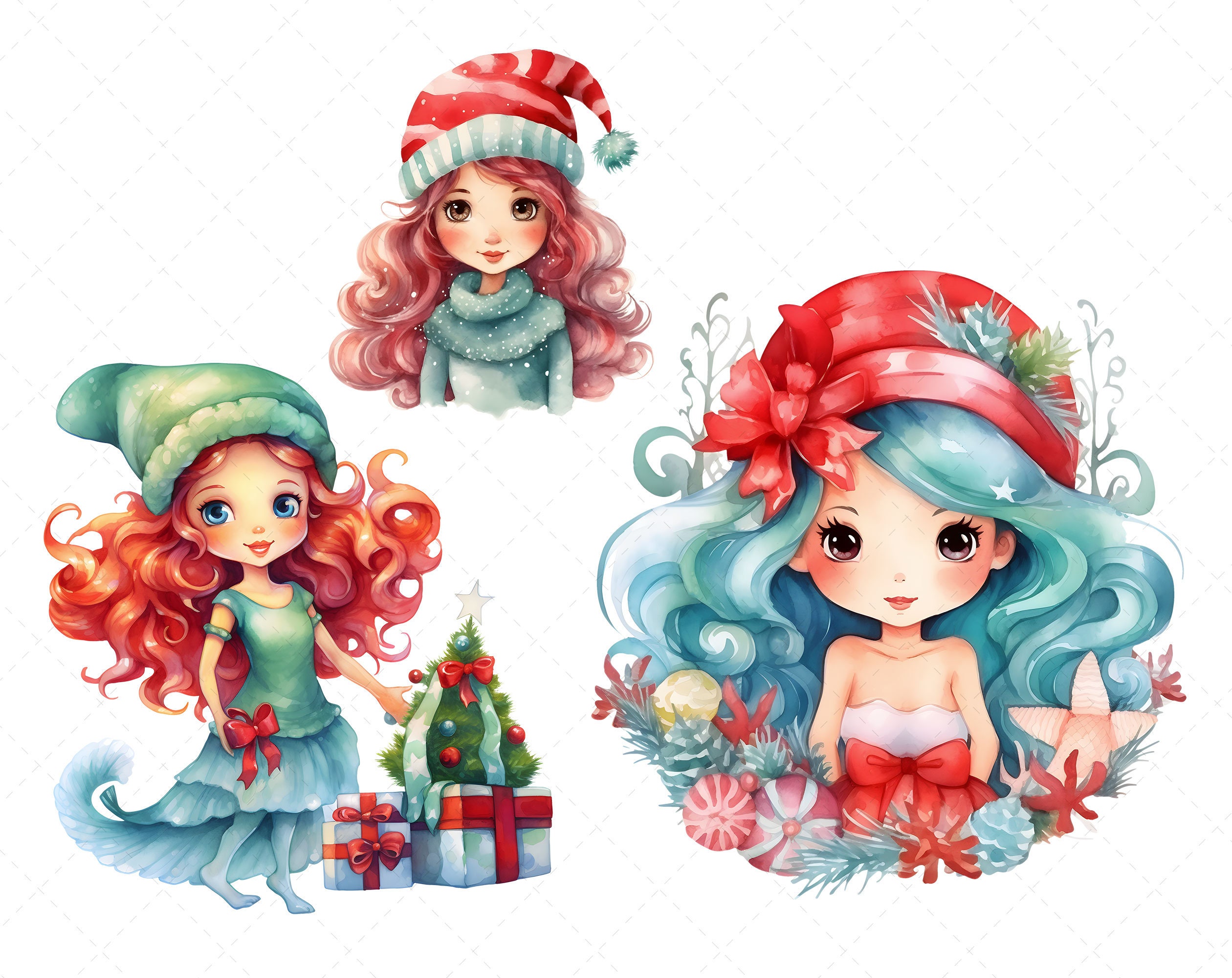 Christmas Mermaid Clipart PNG Bundle, Cute Girl in Christmas Wreath ...