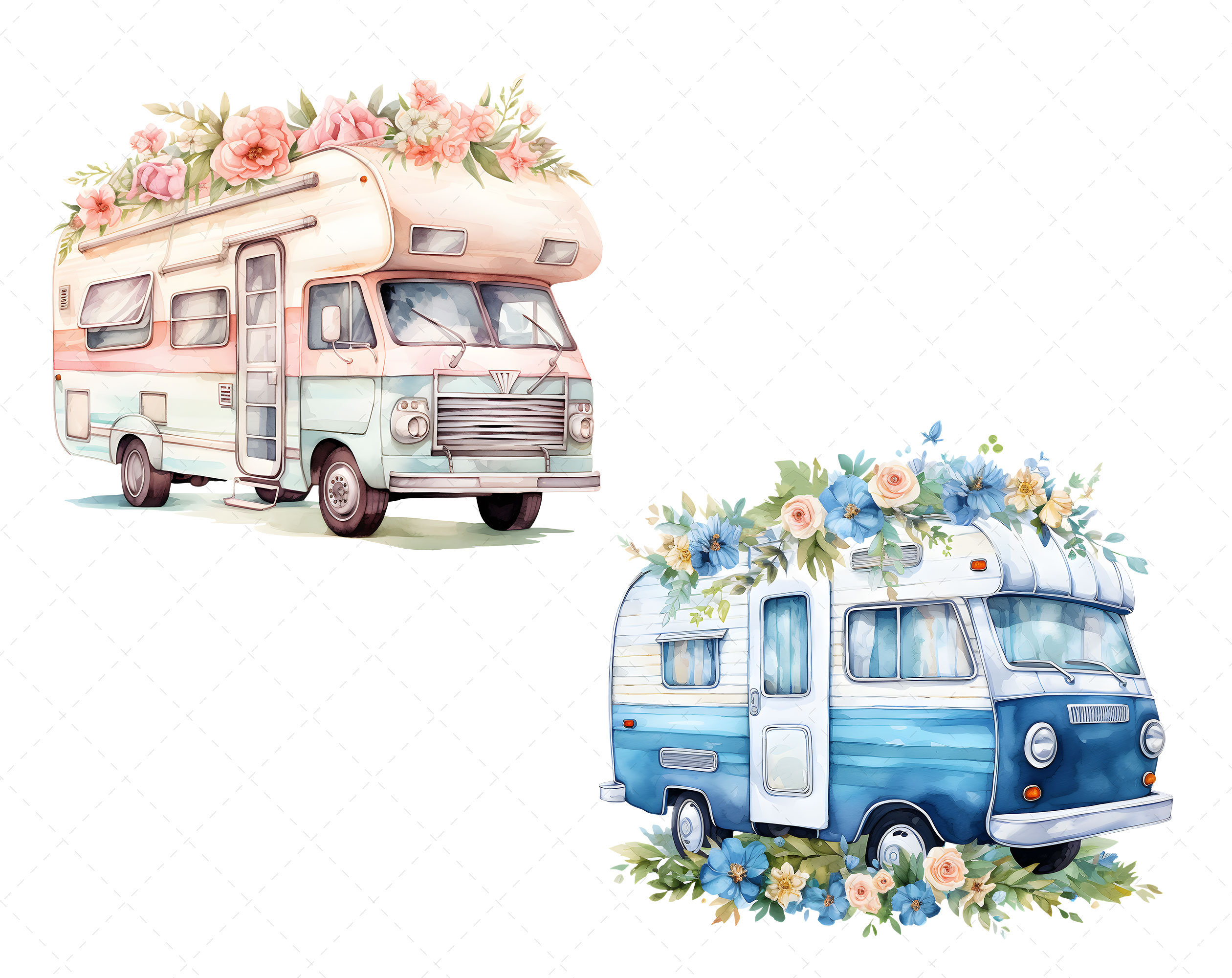 Floral Motorhome RV Retro Clipart Bundle, Vintage Pastel Camper ...