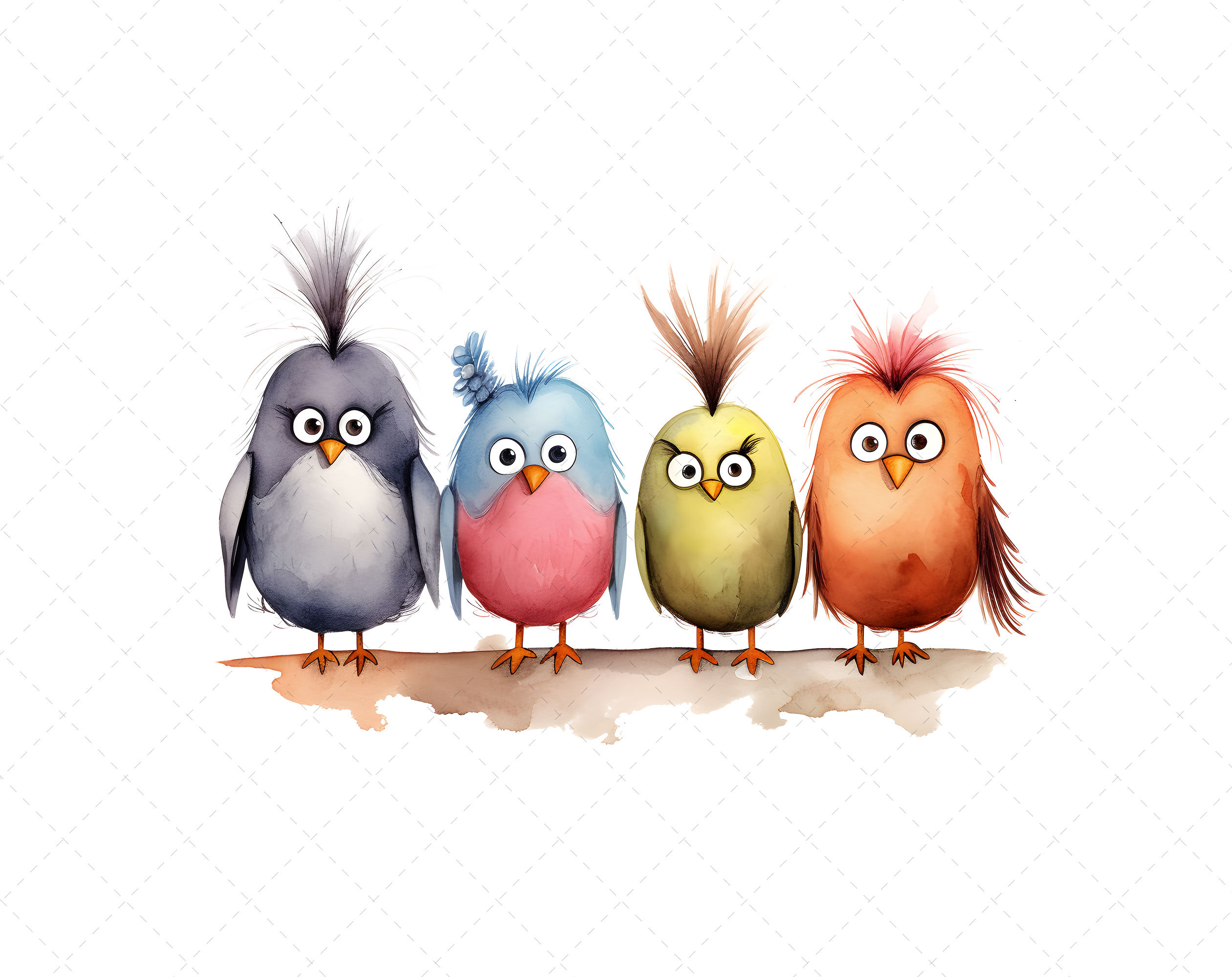 Funny Quirky Birds Watercolour Clipart, Whimsical Birds on a Branch ...