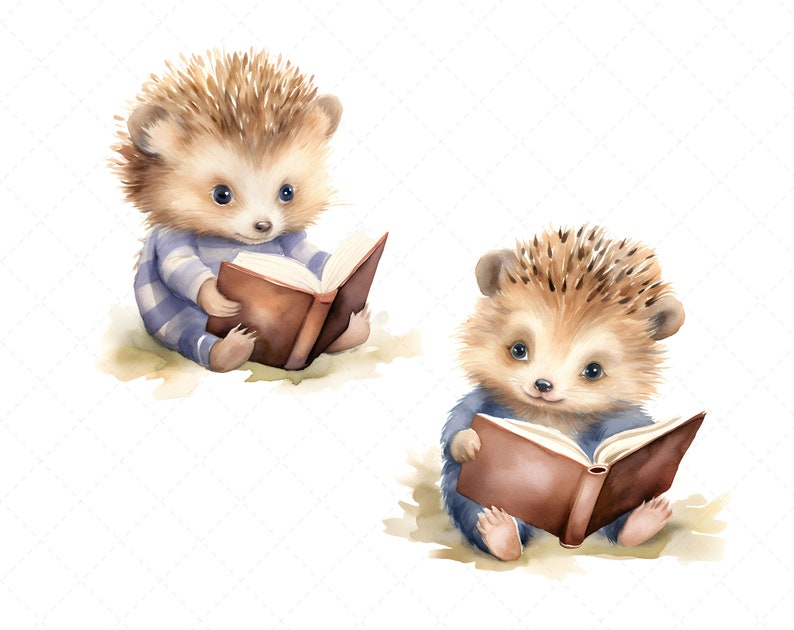 Cute Hedgehog Bookworm Clipart 12 PNG Bundle, Watercolor Baby Hedgehog ...