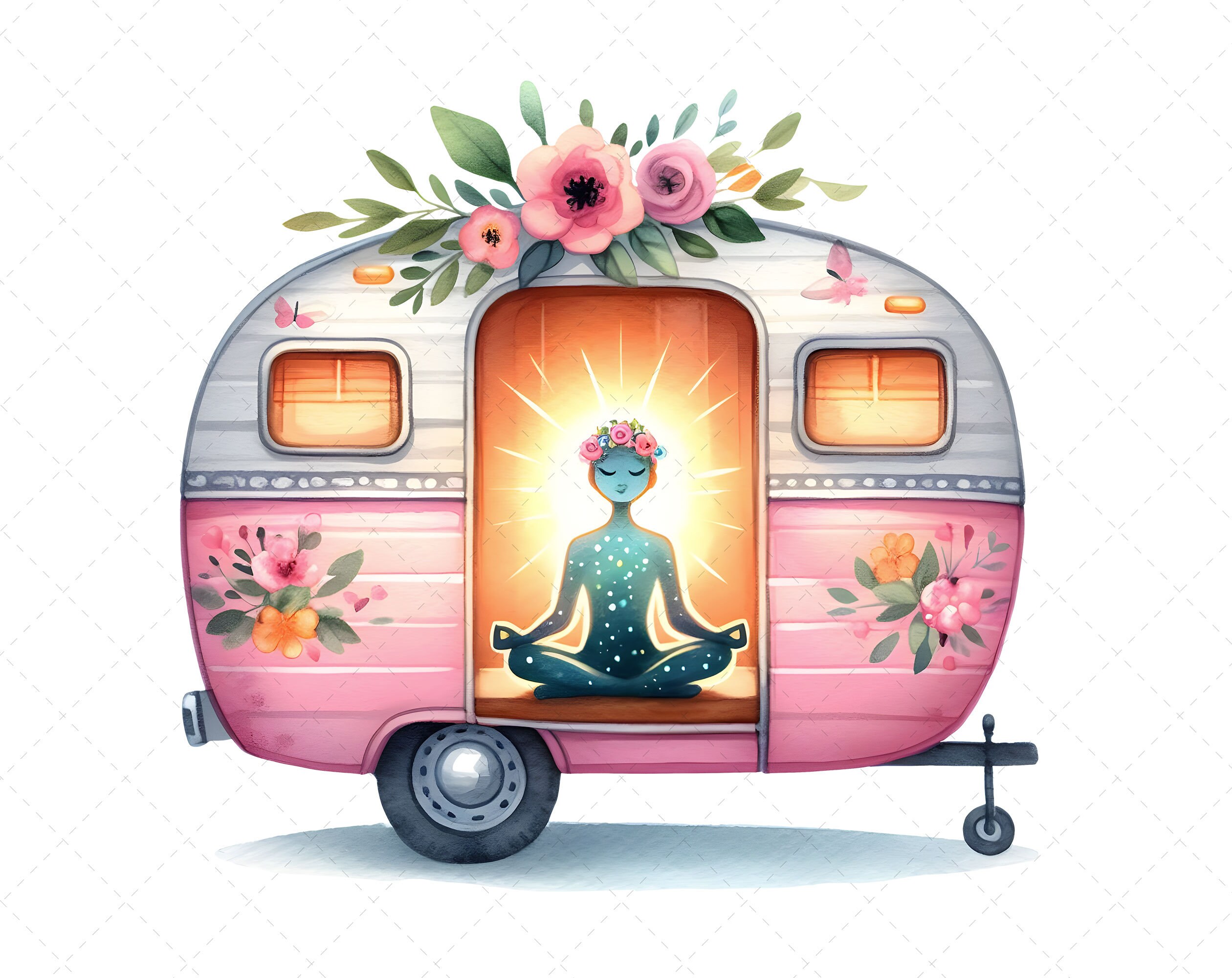 Spiritual Camping Woman Meditation Clipart PNG Bundle, Retro Vintage ...