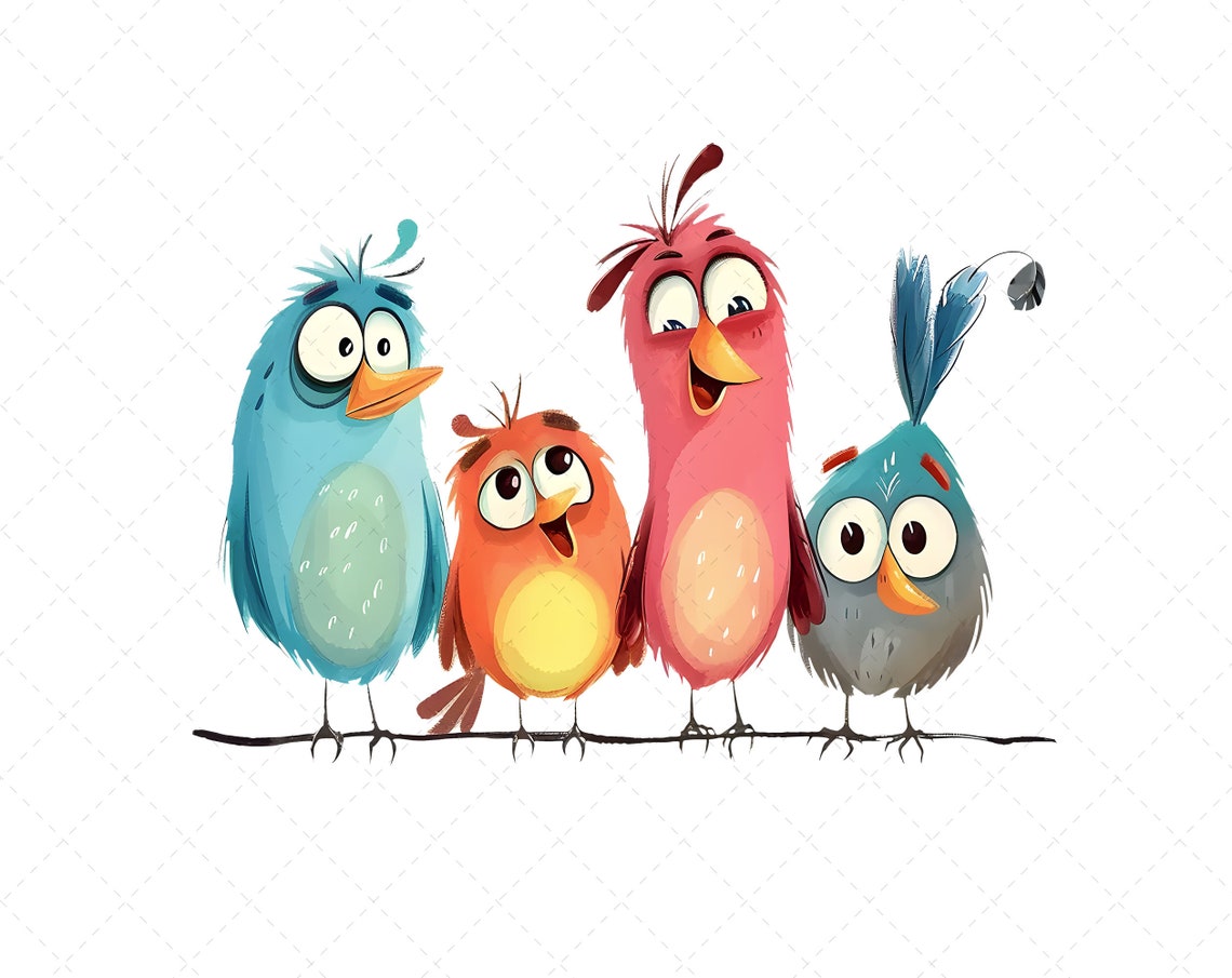 Funny Quirky Birds Watercolour Clipart, Whimsical Birds on a Branch ...