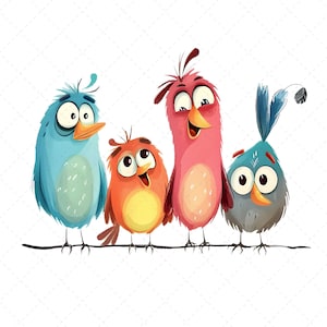Funny Quirky Birds Watercolour Clipart, Whimsical Birds on a Branch ...