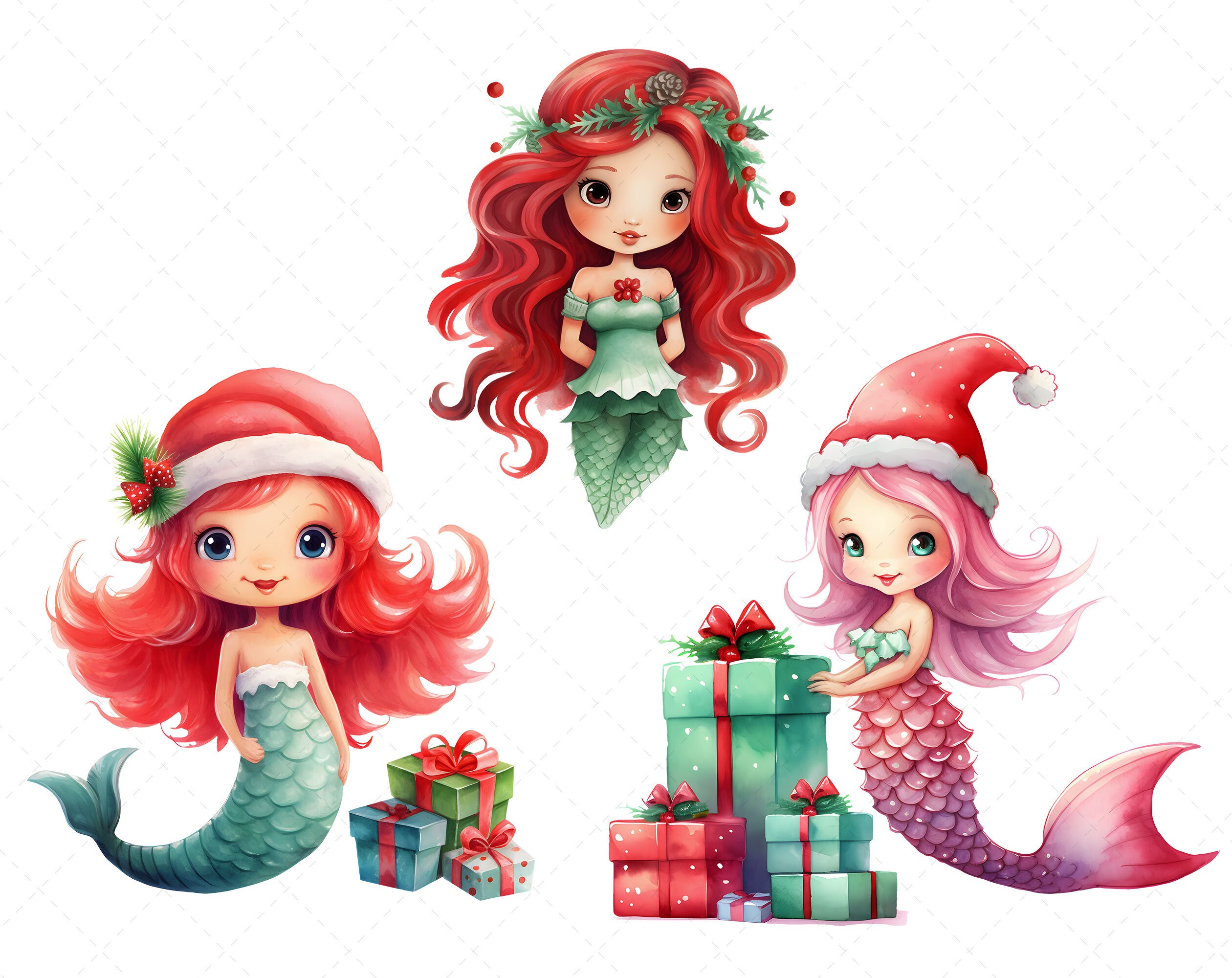 Christmas Mermaid Clipart PNG Bundle, Cute Girl in Christmas Wreath ...