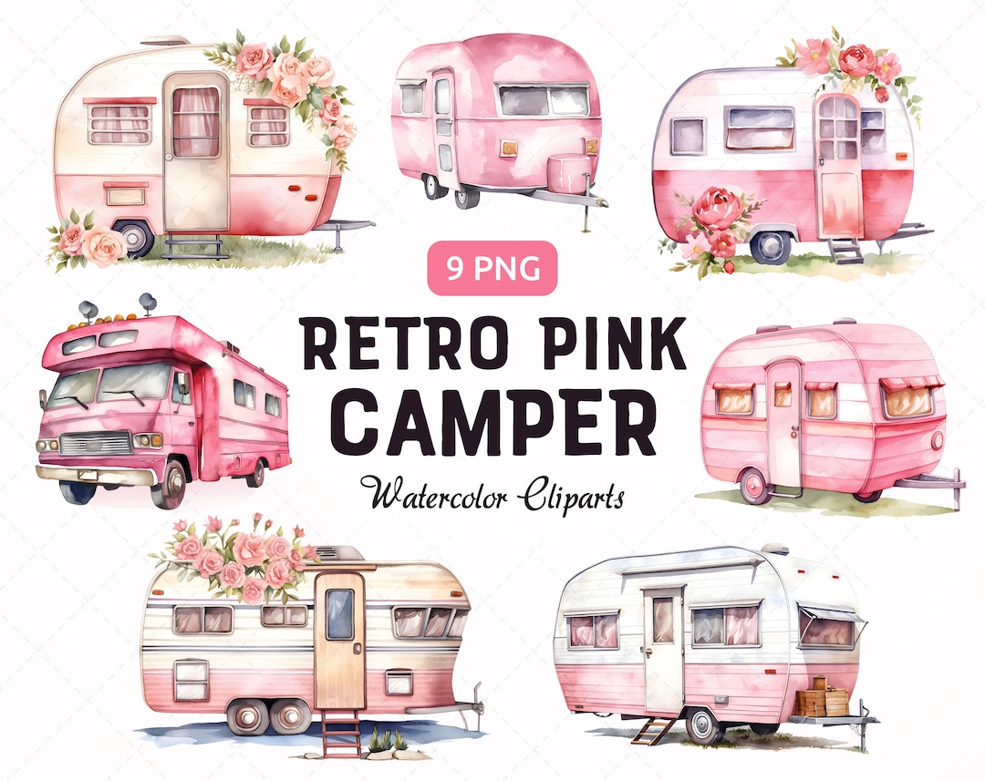 Pink Campers Vintage Clipart Bundle, Retro Flower Camping Trailers ...