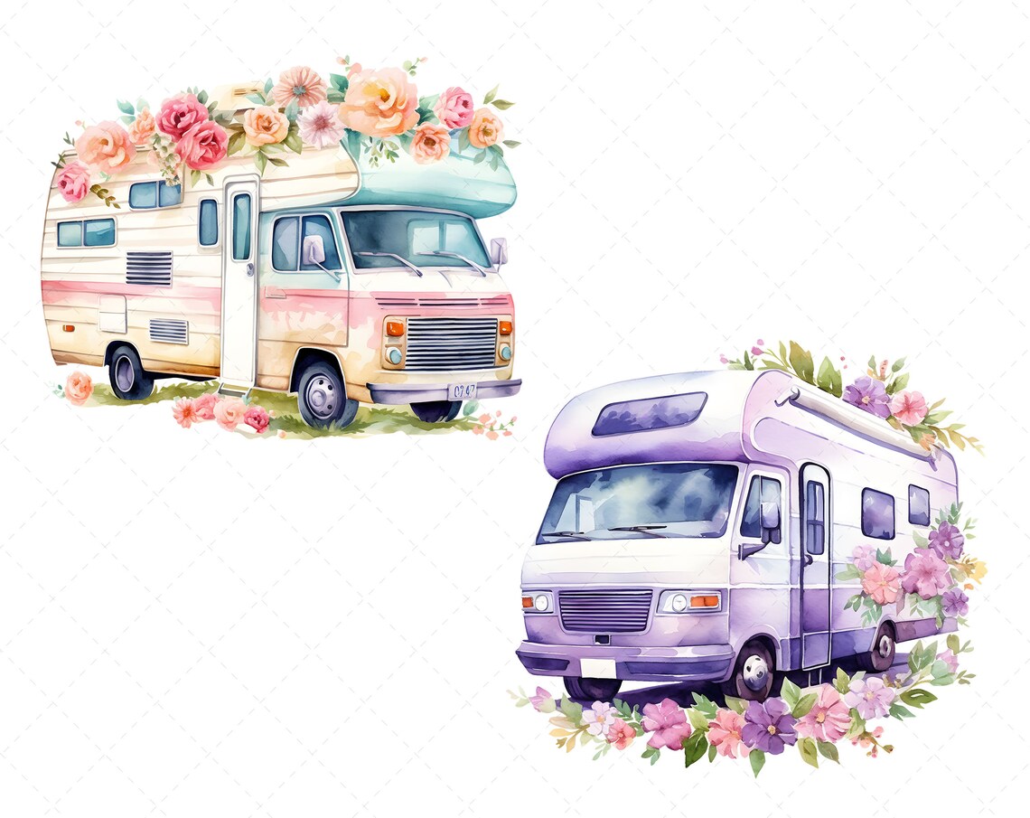 Floral Motorhome RV Retro Clipart Bundle, Vintage Pastel Camper ...
