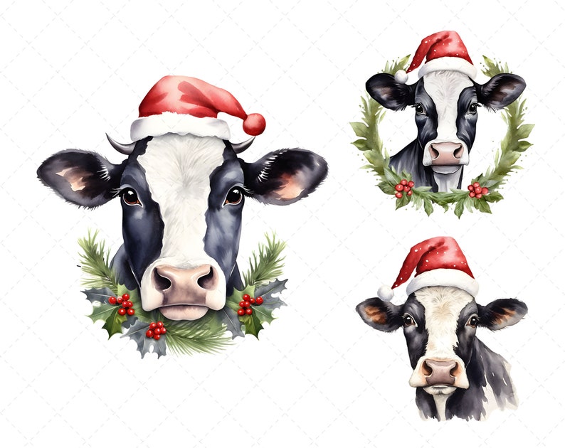 Christmas Holstein Cow Clipart PNG Bundle, Cows With Christmas Hats PNG ...