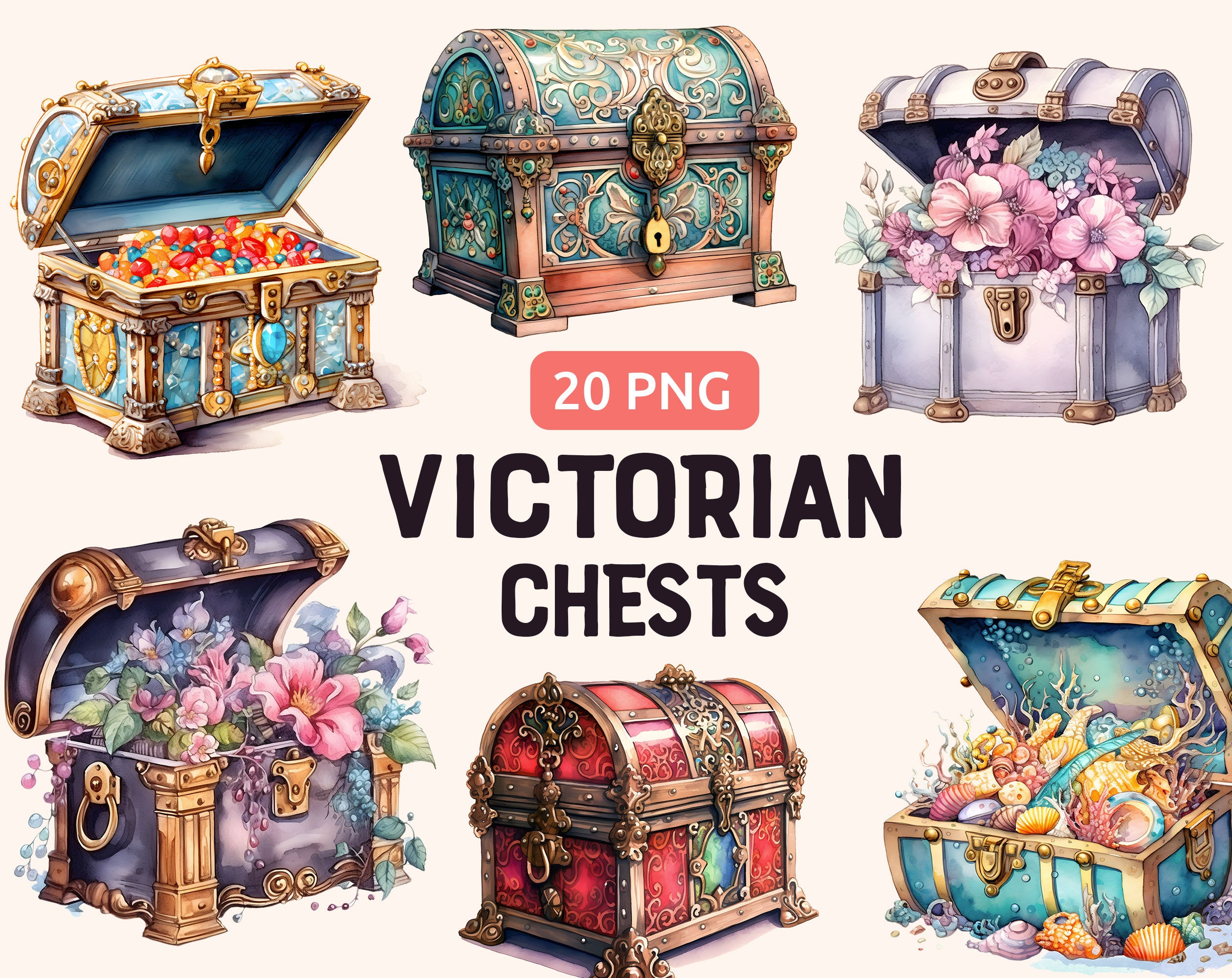 Watercolor Victorian Chests Clipart: Floral Antique Designs (PNG ...