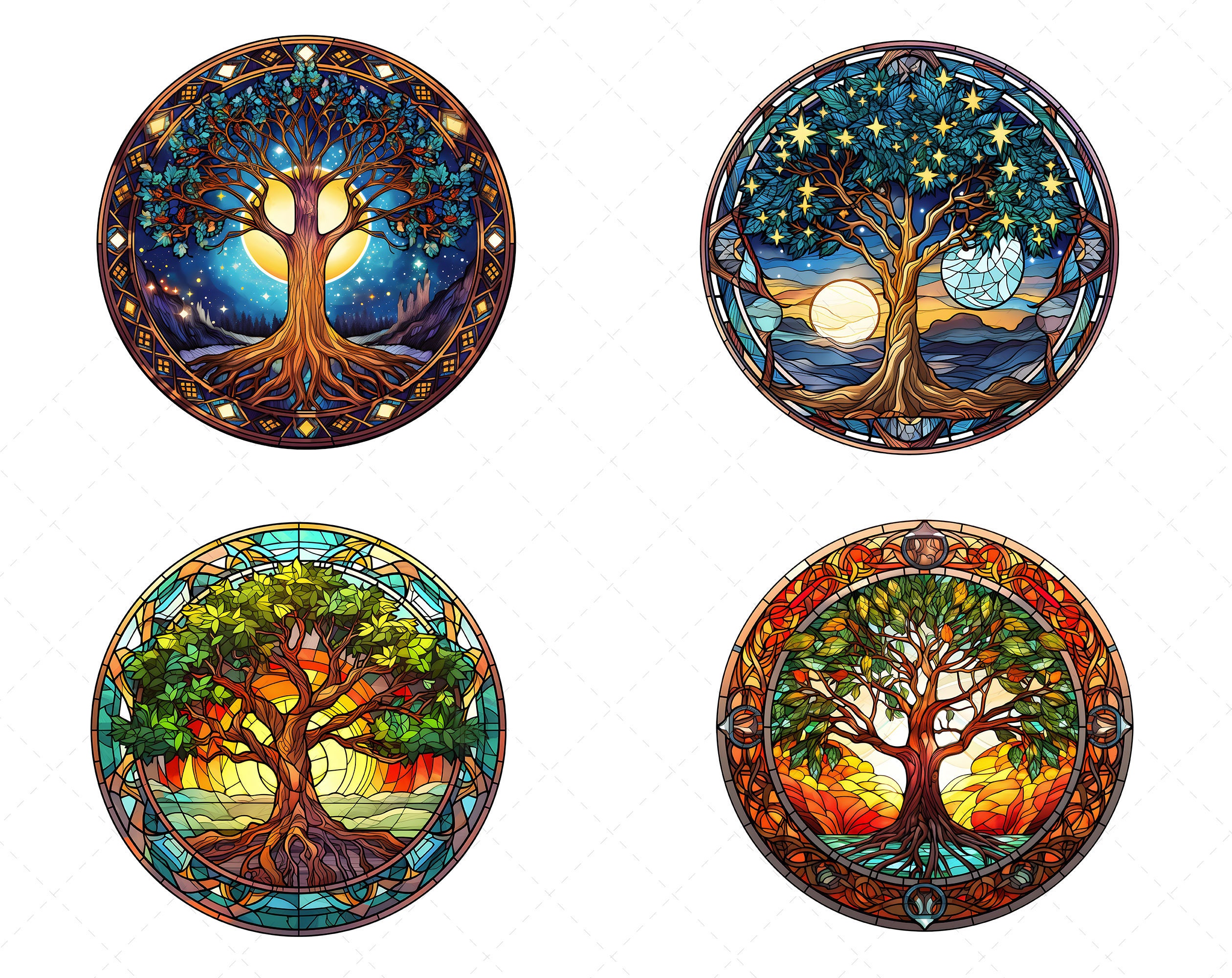 28 Stained Glass Tree of Life Clipart PNG Bundle, Watercolor Fantasy ...