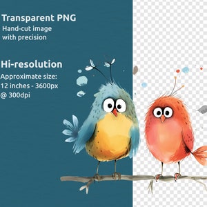 Funny Quirky Birds Watercolour Clipart, Whimsical Birds on a Branch ...