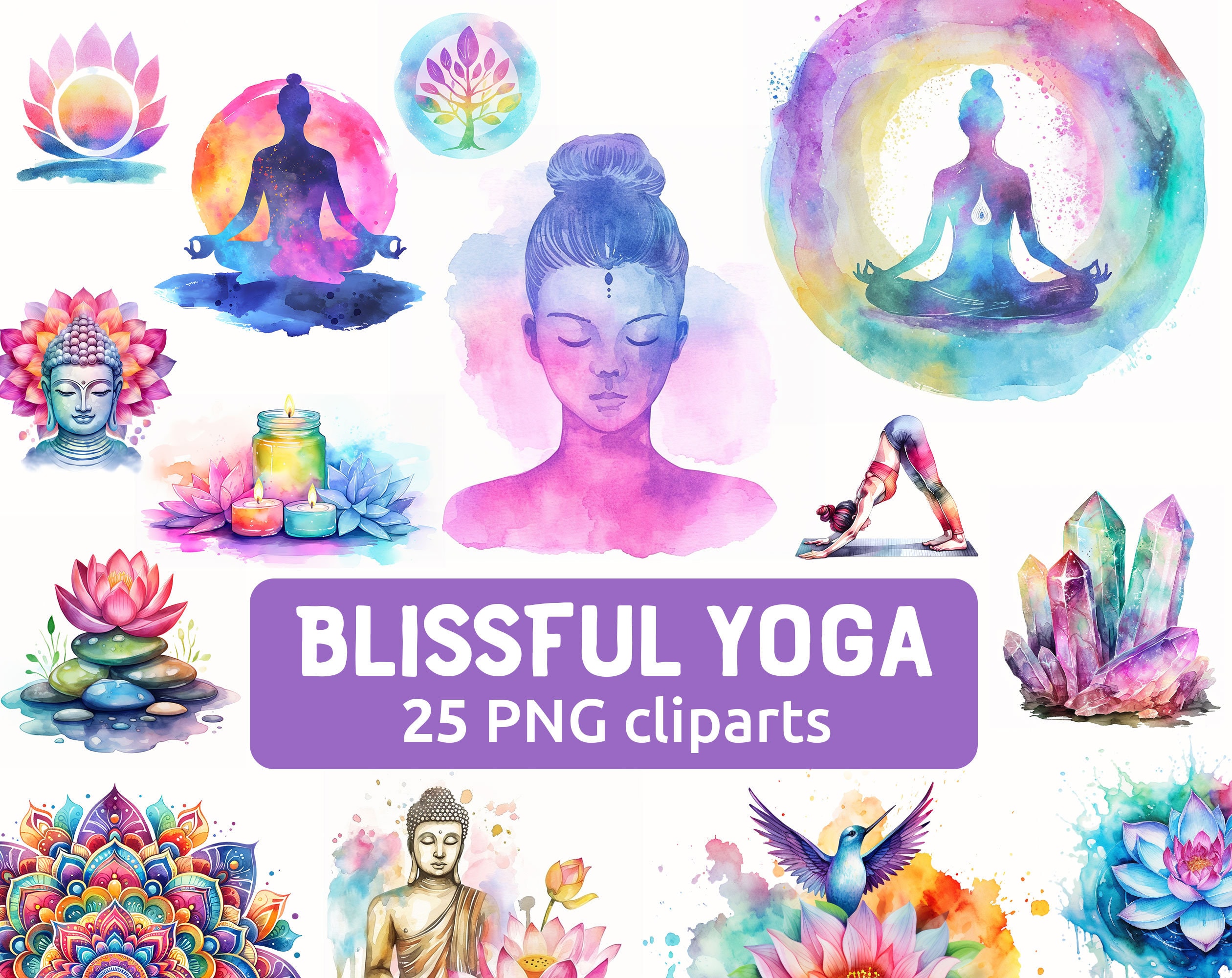 Blissful Yoga Watercolor Clipart Bundle, Pastel Color Yoga PNG ...