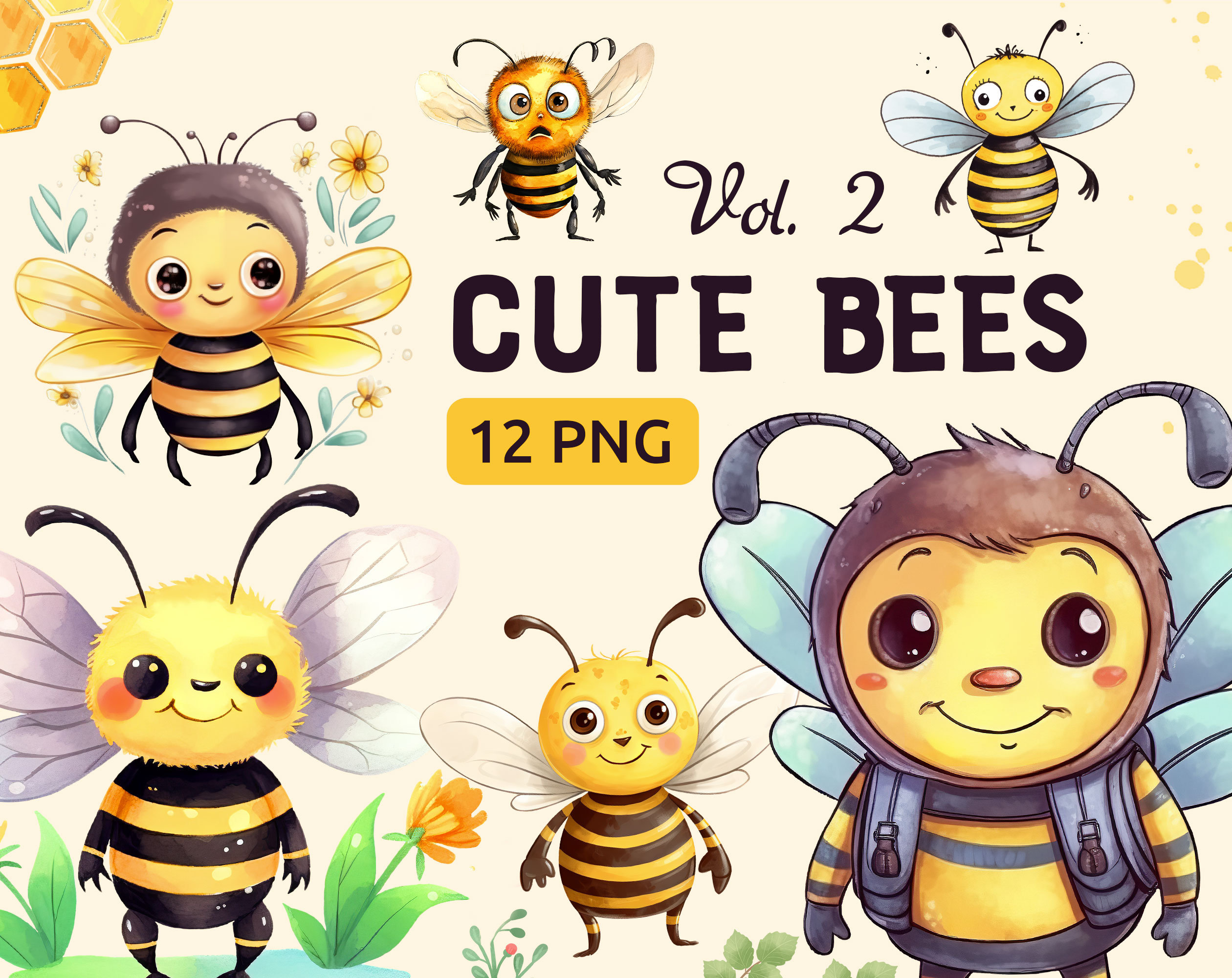 Cute Bees Watercolor Clipart Pack Vol 2, Honey Bee Clipart Png, Baby ...