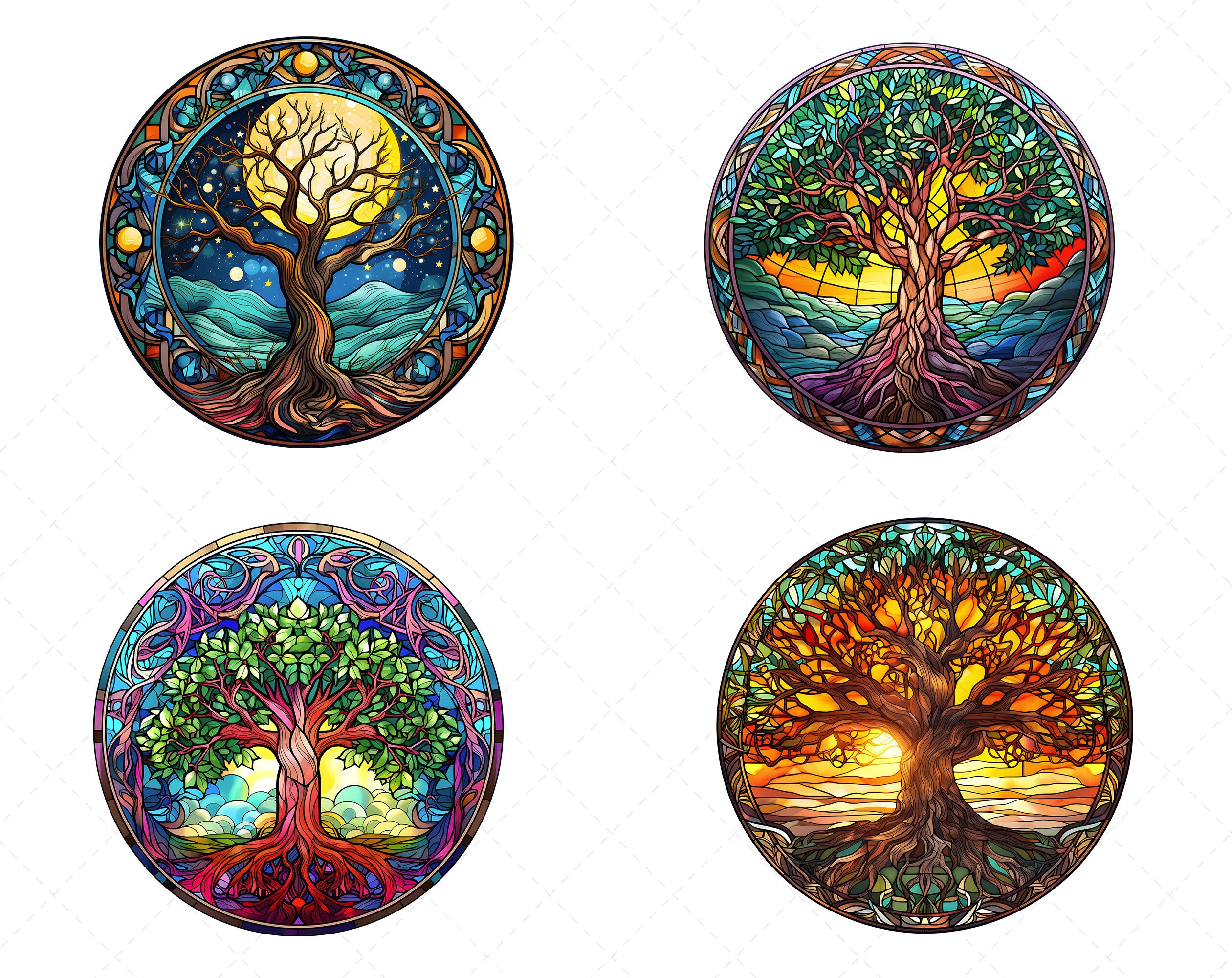 28 Stained Glass Tree of Life Clipart PNG Bundle, Watercolor Fantasy ...